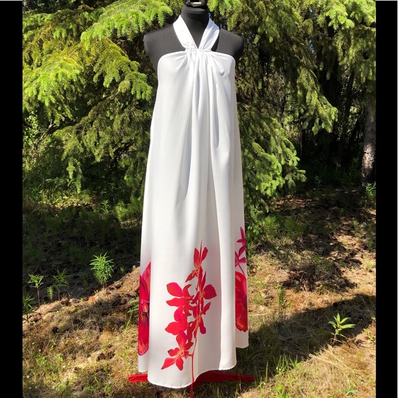 Dresses | New Pink Red Floral On White Tie Halter Overflowing Maxi ...